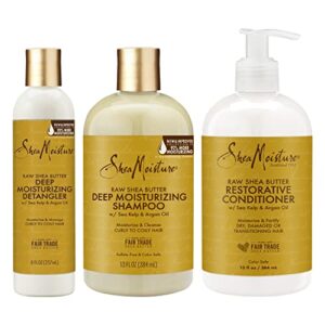 sheamoisture deep moisturizing hair care for curly, dry and damaged hair raw shea butter 3 count sulfate free shampoo and conditioner, hair detangler with sea kelp and argan oil