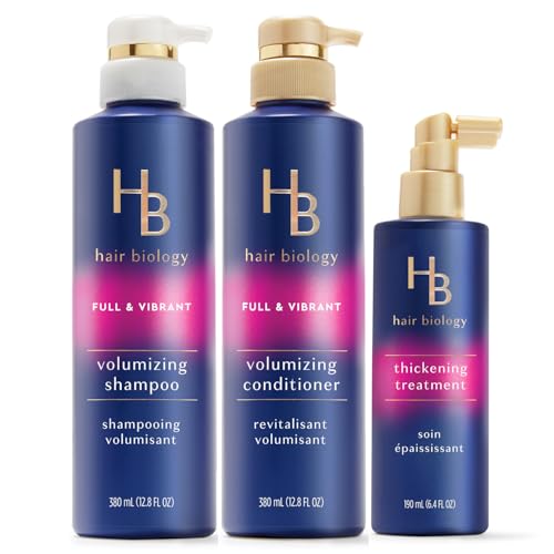 Hair Biology Full & Vibrant Set Including: Volumizing Shampoo (12.8 Fl Oz), Conditioner (12.8 Fl Oz) & Thickening Treatment (6.4 Fl Oz), for Thin or Fine Hair, Biotin Infused, Paraben-Free, Color-Safe