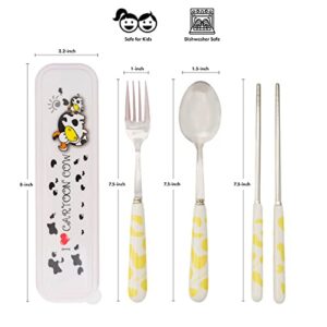 Flower Power Kids Portable Utensils, Travel Camping Cutlery, Stainless Steel Flatware set with Fork, Spoon, and Chopstick, Ceramic Handles, Cow Design (yellow)