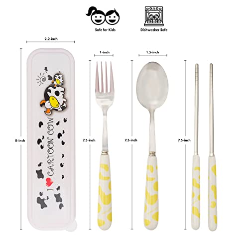 Flower Power Kids Portable Utensils, Travel Camping Cutlery, Stainless Steel Flatware set with Fork, Spoon, and Chopstick, Ceramic Handles, Cow Design (yellow)