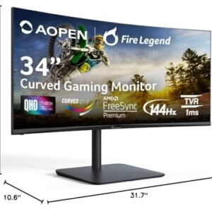 AOPEN by Acer 34HC5CUR Pbmiiphx 34" 1500R Curved Zero-Frame UWQHD (3440 x 1440) VA Gaming Monitor AMD FreeSync Premium Technology Up to 144Hz 1ms 21:9 2 x HDMI 2.0 Ports & 1 x Display Port 1.4, Black