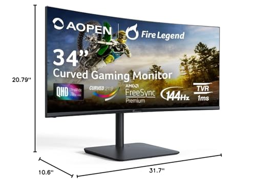 AOPEN by Acer 34HC5CUR Pbmiiphx 34" 1500R Curved Zero-Frame UWQHD (3440 x 1440) VA Gaming Monitor AMD FreeSync Premium Technology Up to 144Hz 1ms 21:9 2 x HDMI 2.0 Ports & 1 x Display Port 1.4, Black