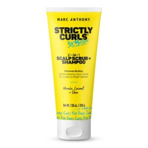 marc anthony 2-in-1 scalp scrub and shampoo, strictly curls - deep cleansing & exfoliating shampoo for curly hair removes buildup with coconut oil, marula oil, shea butter & bentonite clay - 7.05 oz