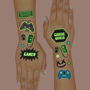 xo, Fetti Video Game Party Supplies Temporary Tattoos - 40 Glow in the Dark Styles | Videogame Birthday Favors, Decorations, Controller, Computer Keyboard, Gamer, Arcade