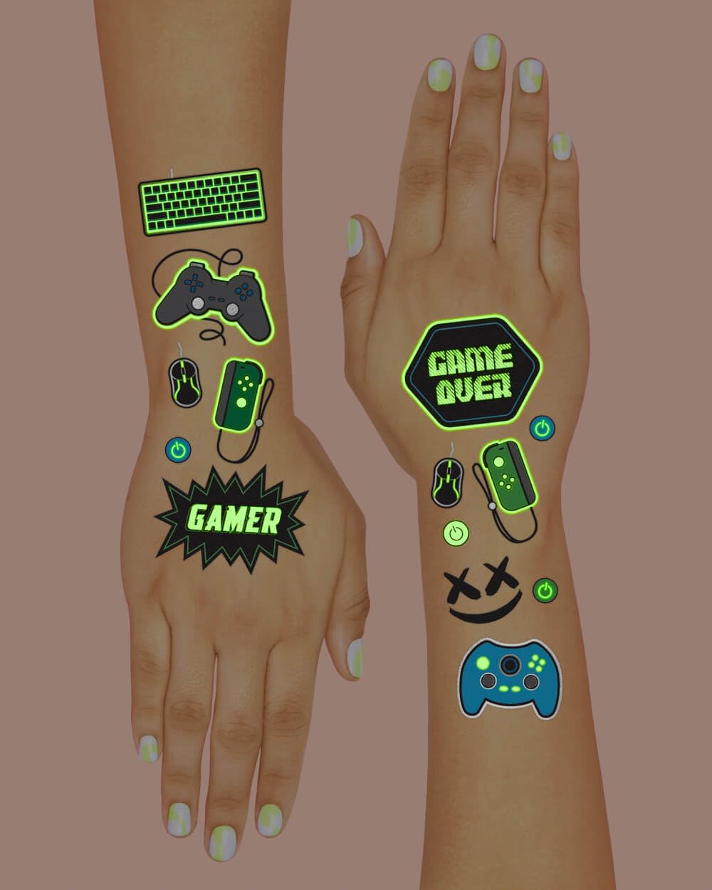 xo, Fetti Video Game Party Supplies Temporary Tattoos - 40 Glow in the Dark Styles | Videogame Birthday Favors, Decorations, Controller, Computer Keyboard, Gamer, Arcade