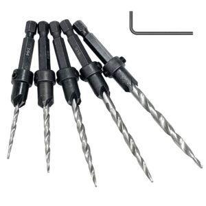 saipe 5pcs wood tapered countersink drill bit set hex shank screw drill counter sink bit 7/64", 9/64",11/64", 3/16", 7/32" adjustable drilling tool kit on pilot counter sinker hole for woodworking