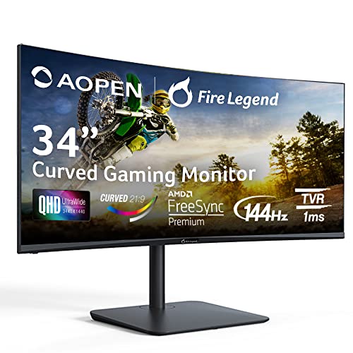 AOPEN by Acer 34HC5CUR Pbmiiphx 34" 1500R Curved Zero-Frame UWQHD (3440 x 1440) VA Gaming Monitor AMD FreeSync Premium Technology Up to 144Hz 1ms 21:9 2 x HDMI 2.0 Ports & 1 x Display Port 1.4, Black