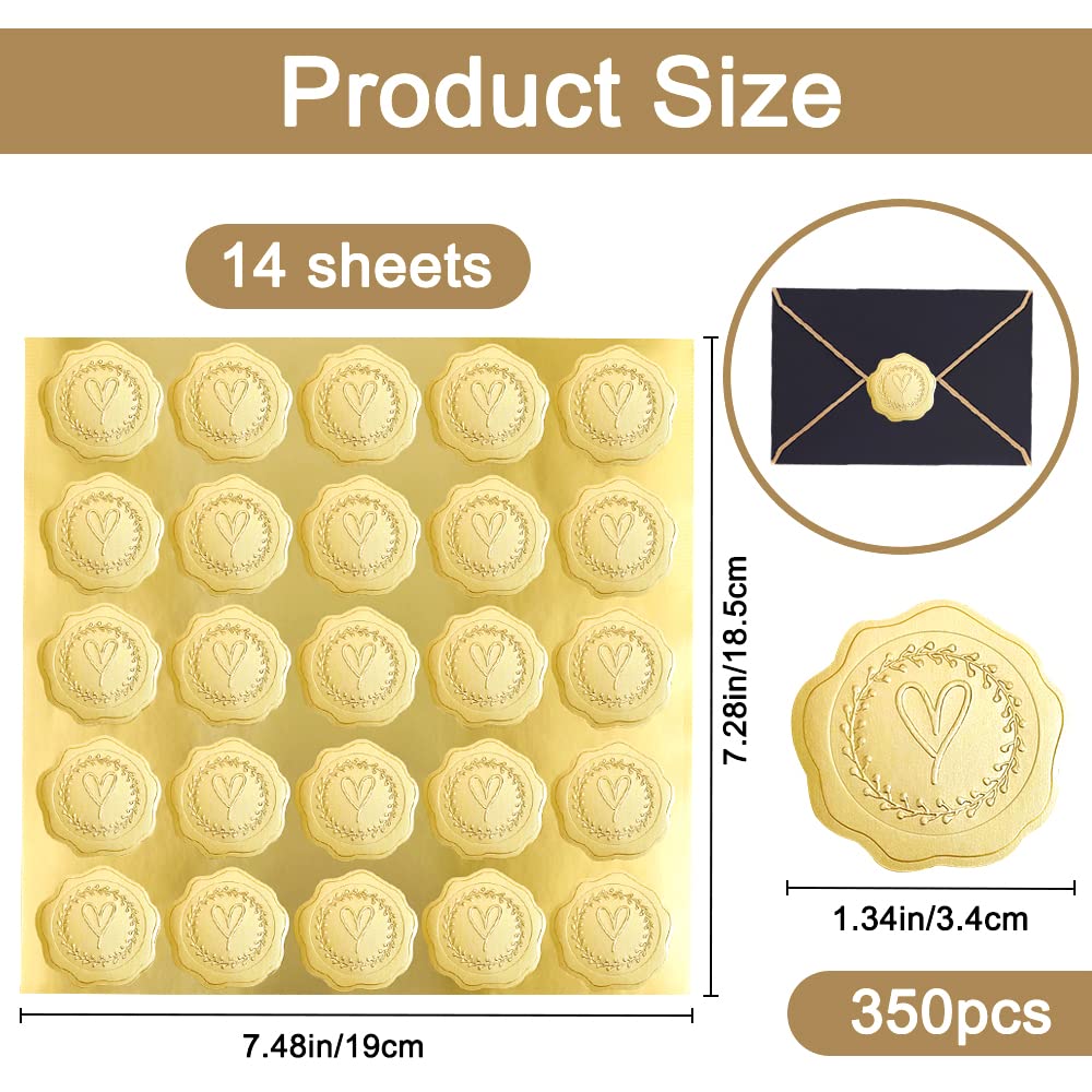 YUJUN 350PCS Gold Embossed Heart Stickers Self-Adhesive Heart Envelope Seal Wax Looking Stickers Labels for Wedding Party Invitations Valentine's Day Greeting Cards Party Favors Decor