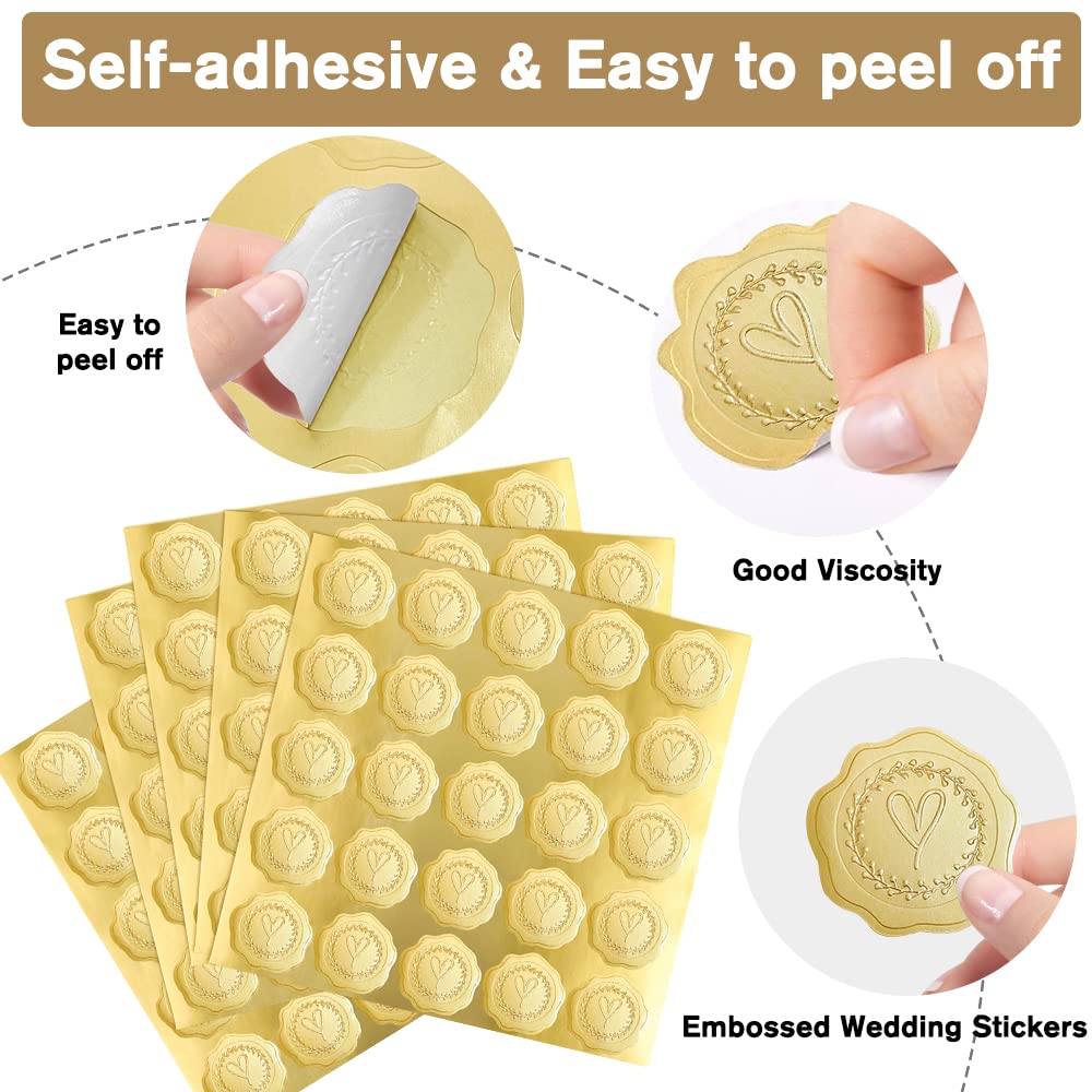 YUJUN 350PCS Gold Embossed Heart Stickers Self-Adhesive Heart Envelope Seal Wax Looking Stickers Labels for Wedding Party Invitations Valentine's Day Greeting Cards Party Favors Decor