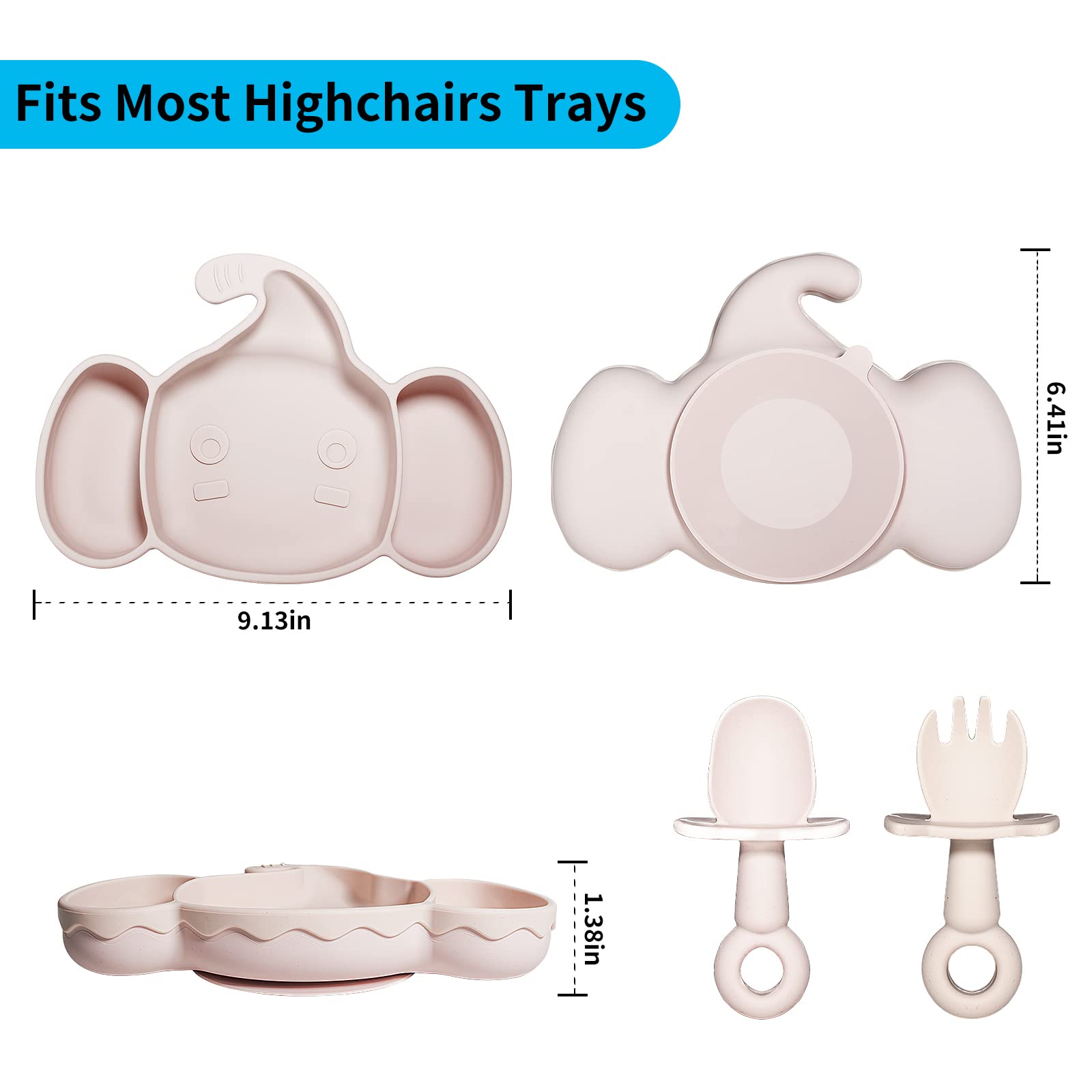 Silicone Baby Feeding Set with Baby Plate, Spoon and Fork,Baby Plate with Suction,First Stage Self Feeding,BPA Free