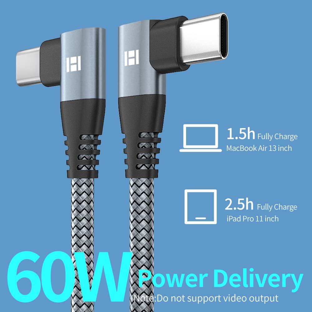 HANKN USB C to USB C Cable 3.3ft, [2 Pack] Dual Angle Nylon Braided 60W USB Type C Cable for Samsung Galaxy S21 S20, Note 20 Ultra 10 9, MacBook Air/Pro 13'', iPad Mini 6/Pro/Air - Grey, 1m