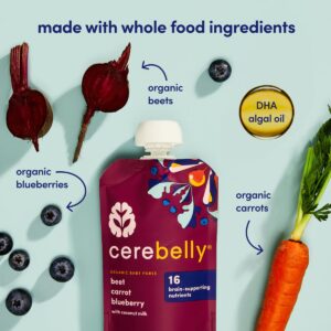 Cerebelly Baby Food Pouches – Organic Beet Carrot Blueberry (4 oz, Pack of 6) - Toddler Snacks, 16 Brain-supporting Nutrients, Healthy Snacks, Made with Gluten-Free Ingredients, No Added Sugar