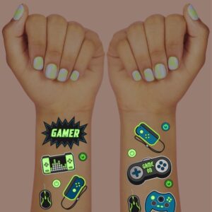 xo, Fetti Video Game Party Supplies Temporary Tattoos - 40 Glow in the Dark Styles | Videogame Birthday Favors, Decorations, Controller, Computer Keyboard, Gamer, Arcade