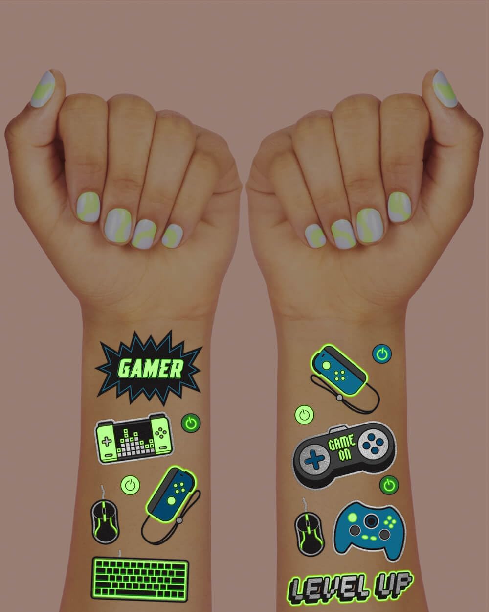 xo, Fetti Video Game Party Supplies Temporary Tattoos - 40 Glow in the Dark Styles | Videogame Birthday Favors, Decorations, Controller, Computer Keyboard, Gamer, Arcade