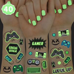 xo, fetti video game party supplies temporary tattoos - 40 glow in the dark styles | videogame birthday favors, decorations, controller, computer keyboard, gamer, arcade