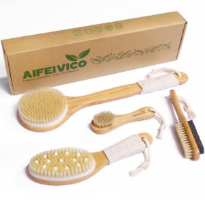 aifeivico dry brushing body brush, natural boar bristle exfoliating dry brush, long handle back scrubber brush, face brush, foot brush, meridian pressure brush for lymphatic drainage, cellulite