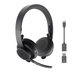 logitech zone 900 on-ear wireless bluetooth headset with advanced noise-canceling microphone, connect up to 6 wireless devices with one receiver, quick access to anc and bluetooth