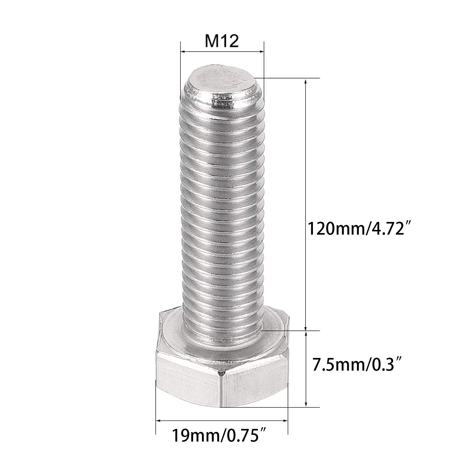 2 Pcs M12 Hex Bolt M12-1.75 x 120mm UNC Hex Head Screw Bolts A2-70(304) Stainless Steel Fully Threaded Hex Tap Bolts (304 ss;M12 x 120mm)