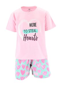 unique baby boys valentines here to steal hearts shorts set outfit (4y, pink)