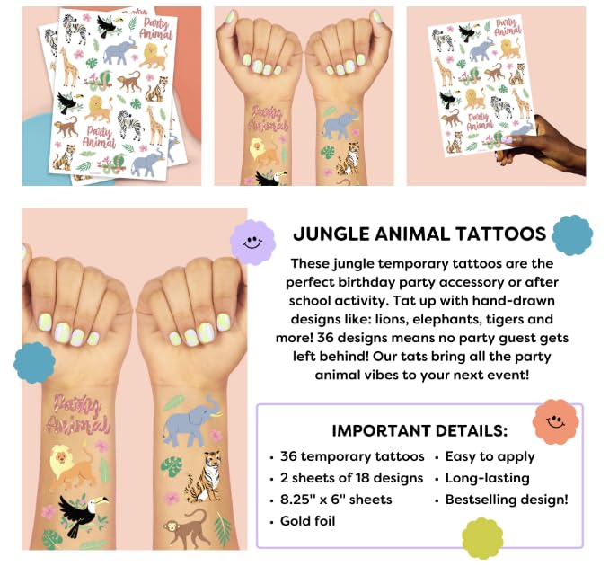 xo, Fetti Jungle Temporary Tattoos - 36 styles | Elephant Arts + Craft, Wild Animal Birthday Party Supplies, Giraffe Safari Baby Shower, Tiger