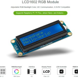 waveshare for Arduino Raspberry Pi/Pi Pico Jetson Nano, LCD1602 RGB Module 16x2 Characters up to 16 Million Colors Adjustable RGB Backlight Color I2C Interface 3.3V/5V