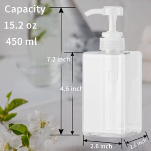 450ml (15.2oz) Pump Bottle Dispenser Jansburg 2Pack Refillable Square Plastic Lotion Dispenser Empty Lotion Pump Bottle for Essential Oil Soap Lotion Shampoo, Bathroom/Kitchen/Travel Clear