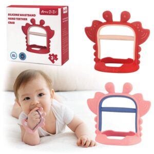 amorbebe never collect dust baby teethers 2 packs anti-dropping teething toys for babies 0-6 months 6-12 months silicone wrist teether sensory chew montessori for infants hand pacifier(crab)