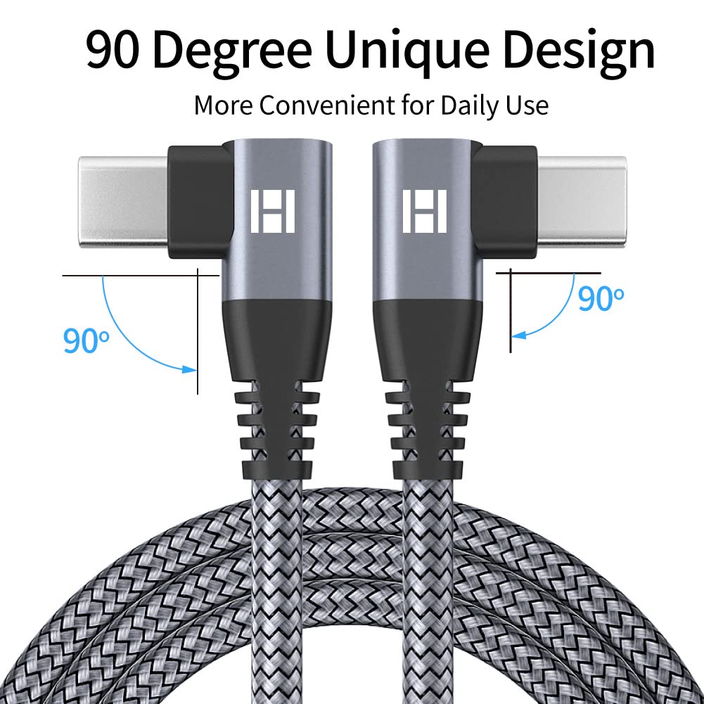 HANKN USB C to USB C Cable 3.3ft, [2 Pack] Dual Angle Nylon Braided 60W USB Type C Cable for Samsung Galaxy S21 S20, Note 20 Ultra 10 9, MacBook Air/Pro 13'', iPad Mini 6/Pro/Air - Grey, 1m