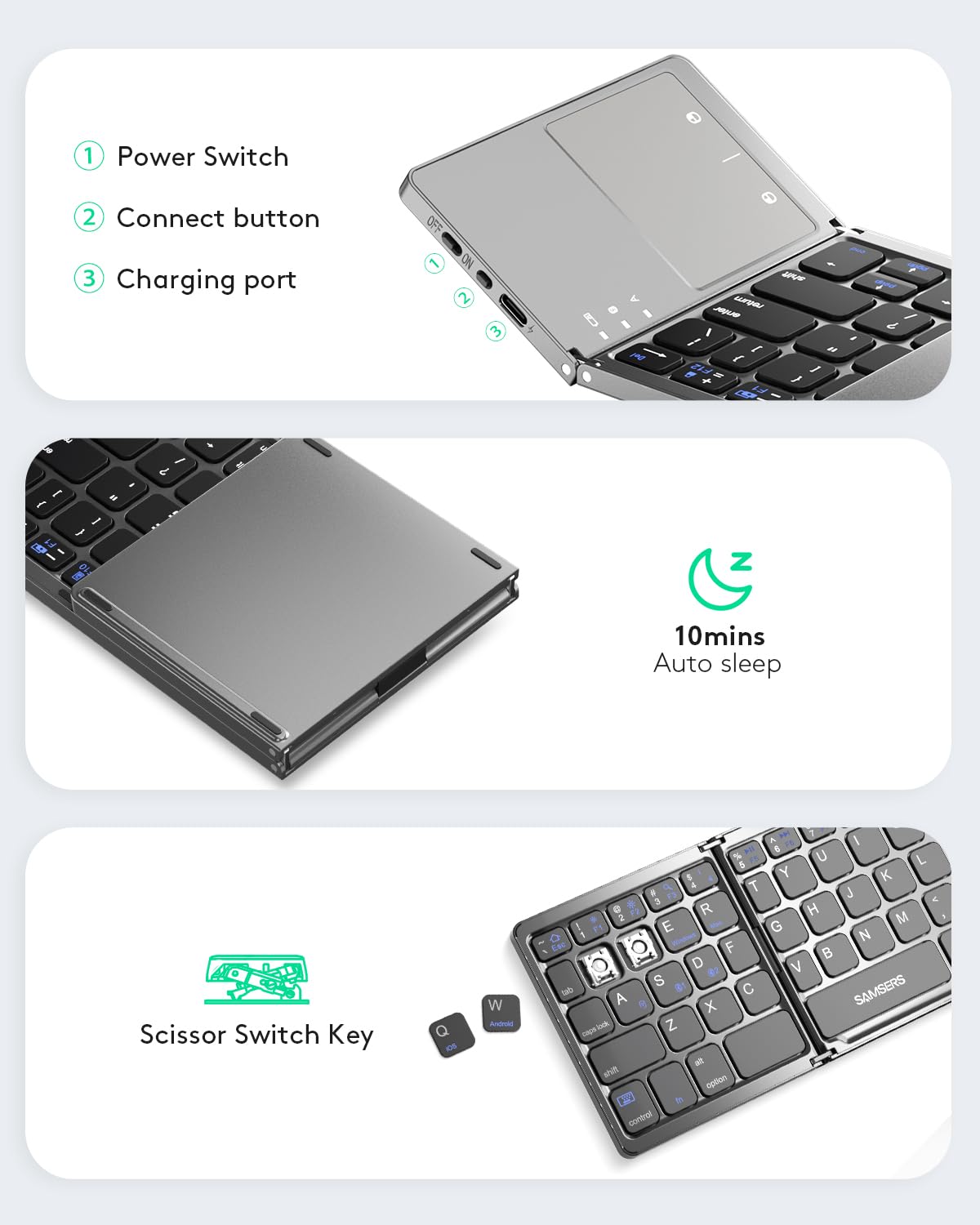 Samsers Multi-Device Foldable Bluetooth Keyboard with Touchpad Rechargeable Dual-Mode(2.4G+BTx2) Wireless Keyboard with Holder, Portable Ultra Slim Folding Keyboard for Android Windows iOS Mac OS