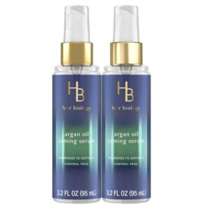 hair biology argan oil taming serum, twin pack, 3.2 fl oz each — hair serum nourishes to soften & control frizz. infused with biotin — dry hair treatment, safe for color treated hair