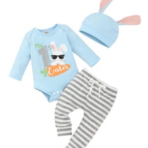 Gavol My First Easter Baby Boy Outfit Rabbit Romper+Stripe Pants +Rabbit Ear Hat 3pcs Clothing Set 0-12months