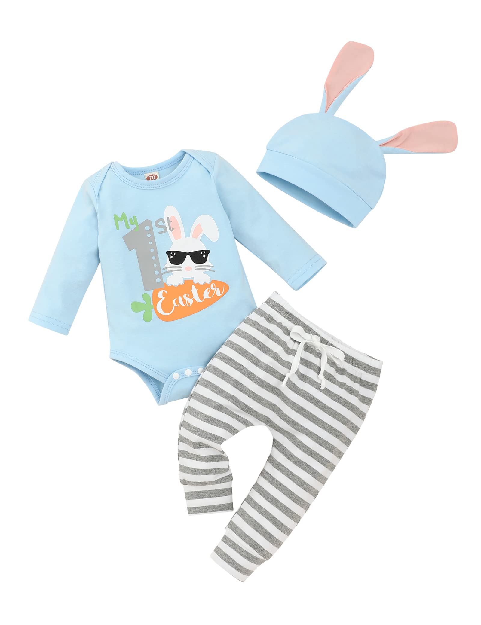 Gavol My First Easter Baby Boy Outfit Rabbit Romper+Stripe Pants +Rabbit Ear Hat 3pcs Clothing Set 0-12months