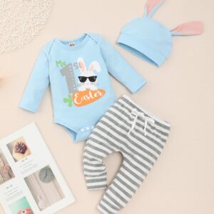 Gavol My First Easter Baby Boy Outfit Rabbit Romper+Stripe Pants +Rabbit Ear Hat 3pcs Clothing Set 0-12months