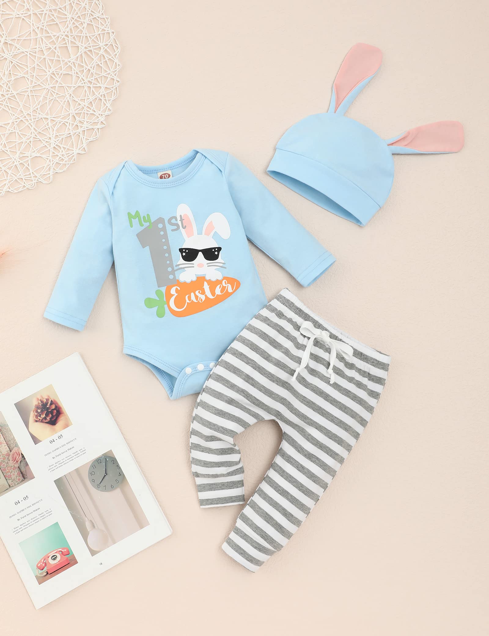 Gavol My First Easter Baby Boy Outfit Rabbit Romper+Stripe Pants +Rabbit Ear Hat 3pcs Clothing Set 0-12months