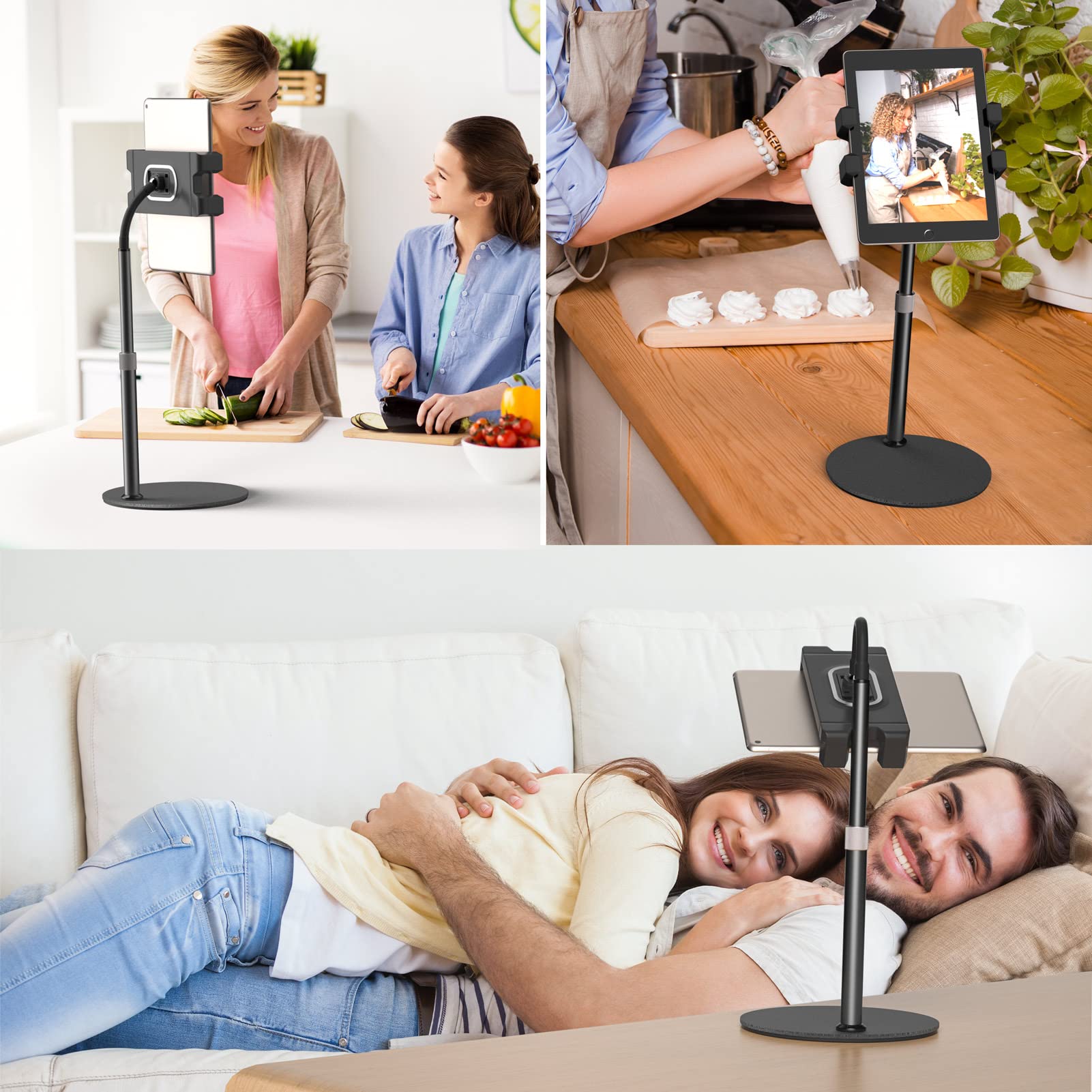 iPad Tripod Stand, Mount Foldable Floor Tripod for iPad, Height Adjustable 360 Degrees Rotating 7 to 12 Inch Tablets Perfect for Facetime, Video, Zoom, Phone Holder, Bluetooth Remote Control