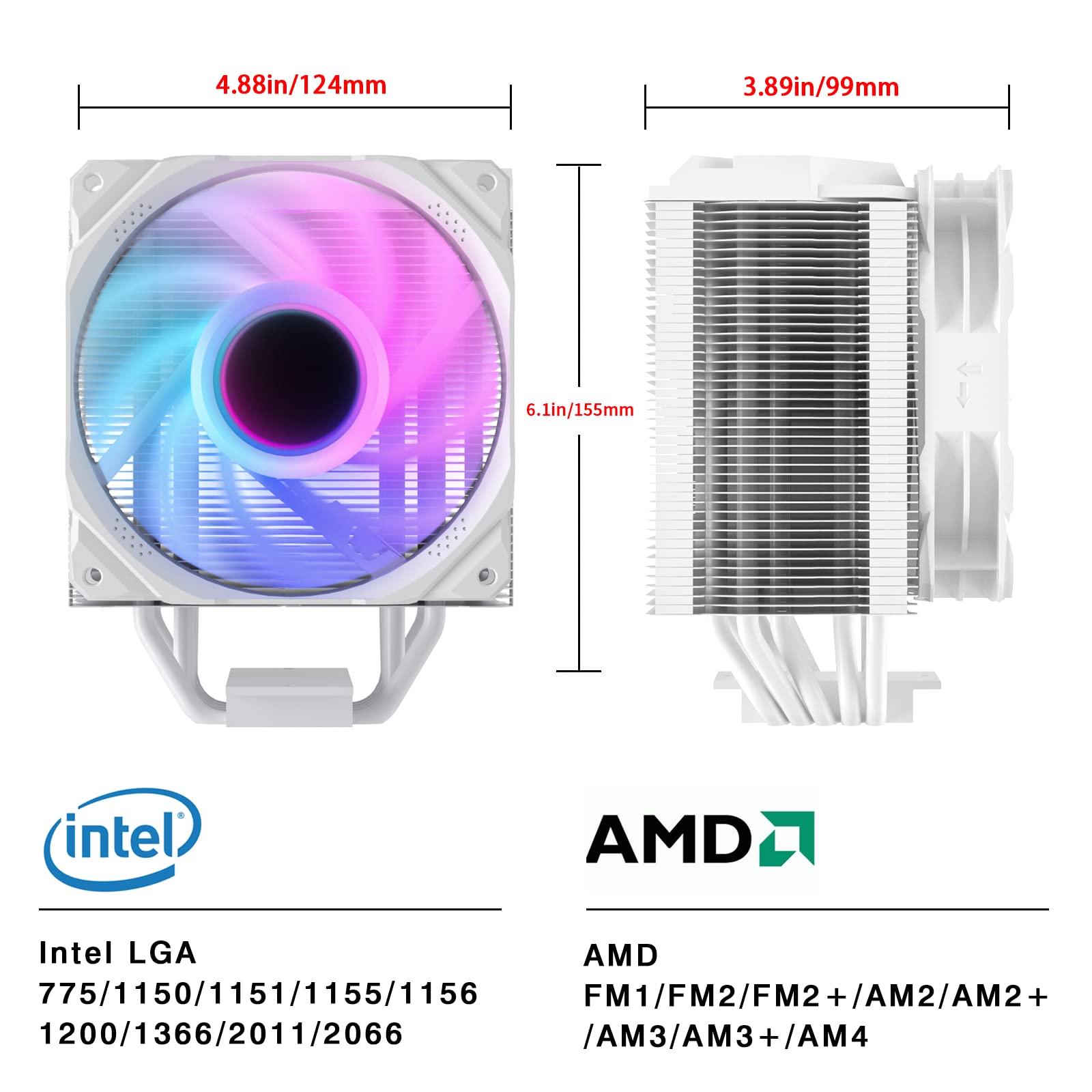 upHere CPU Air Cooler,5 Heat Pipes,Anodized Aluminum Fins,120mm PWM High-Performance Fan,Infinity Mirror with 5V Addressable RGB Lights Sync,AMD AM4 Ryzen/Intel,White Edition,C2T5-ARGB