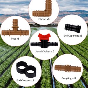 Kalolary 42Pcs Drip Irrigation Fittings Kit, 5/8 Inch Hose Barbed Connectors for Compatible Drip or Sprinkler System(2 Switch Valves, 8 Couplings, 8 Tees, 8 Elbows, 8 End Closures, 8 End Cap Plugs)