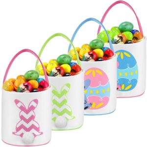 4 pcs easter bunny basket for kids easter basket bags fluffy tails printed rabbit canvas toys bucket tote easter tote bag with handle canvas carrying favor eggs hunt bag candy egg basket for gift sets