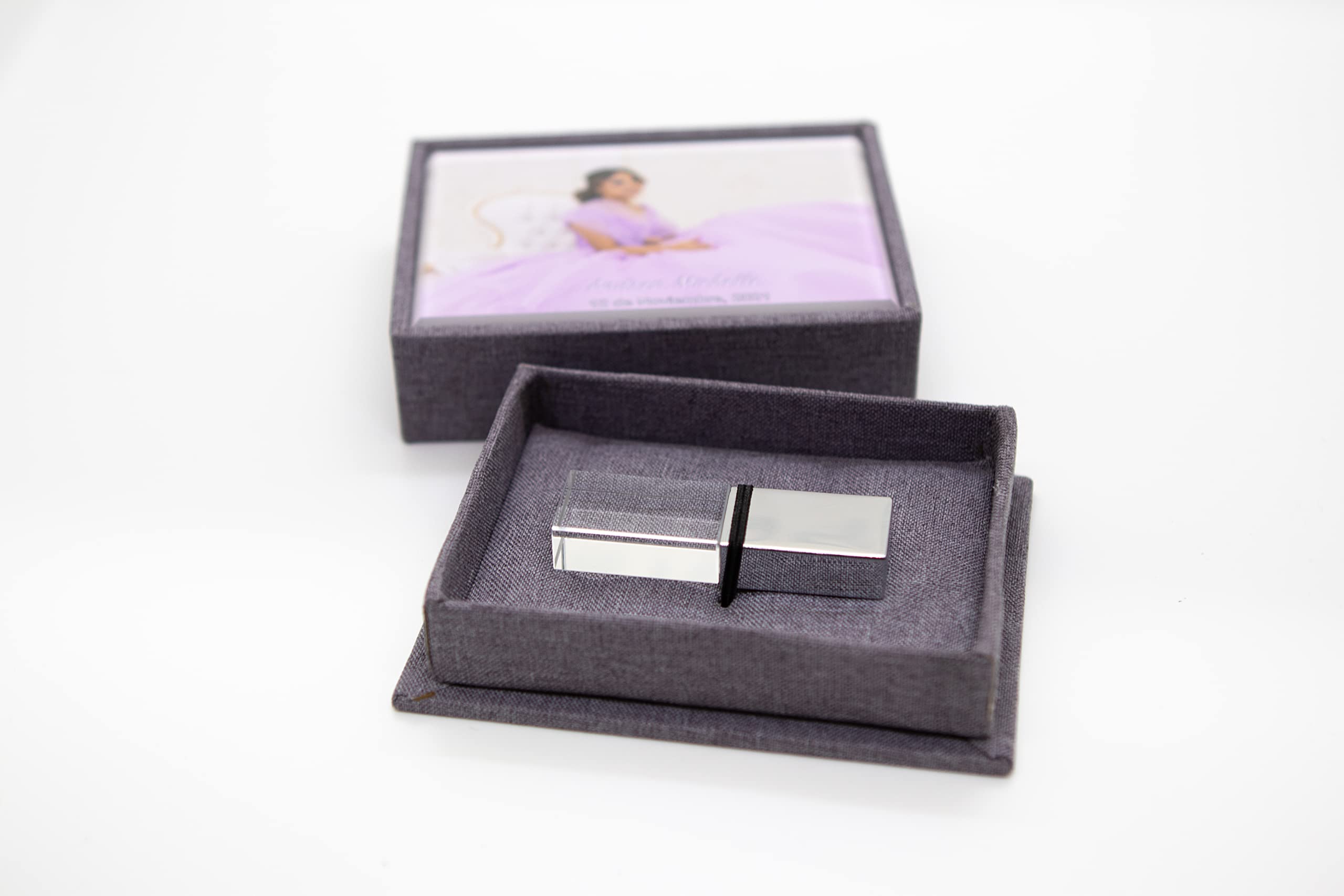 Deluxe Linen Flash Drive Box with Photo (Gray) to Put Your USB Flash Drive Holds one Photo on The Cover of The Box