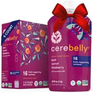 cerebelly baby food pouches – organic beet carrot blueberry (4 oz, pack of 6) - toddler snacks, 16 brain-supporting nutrients, healthy snacks, made with gluten-free ingredients, no added sugar