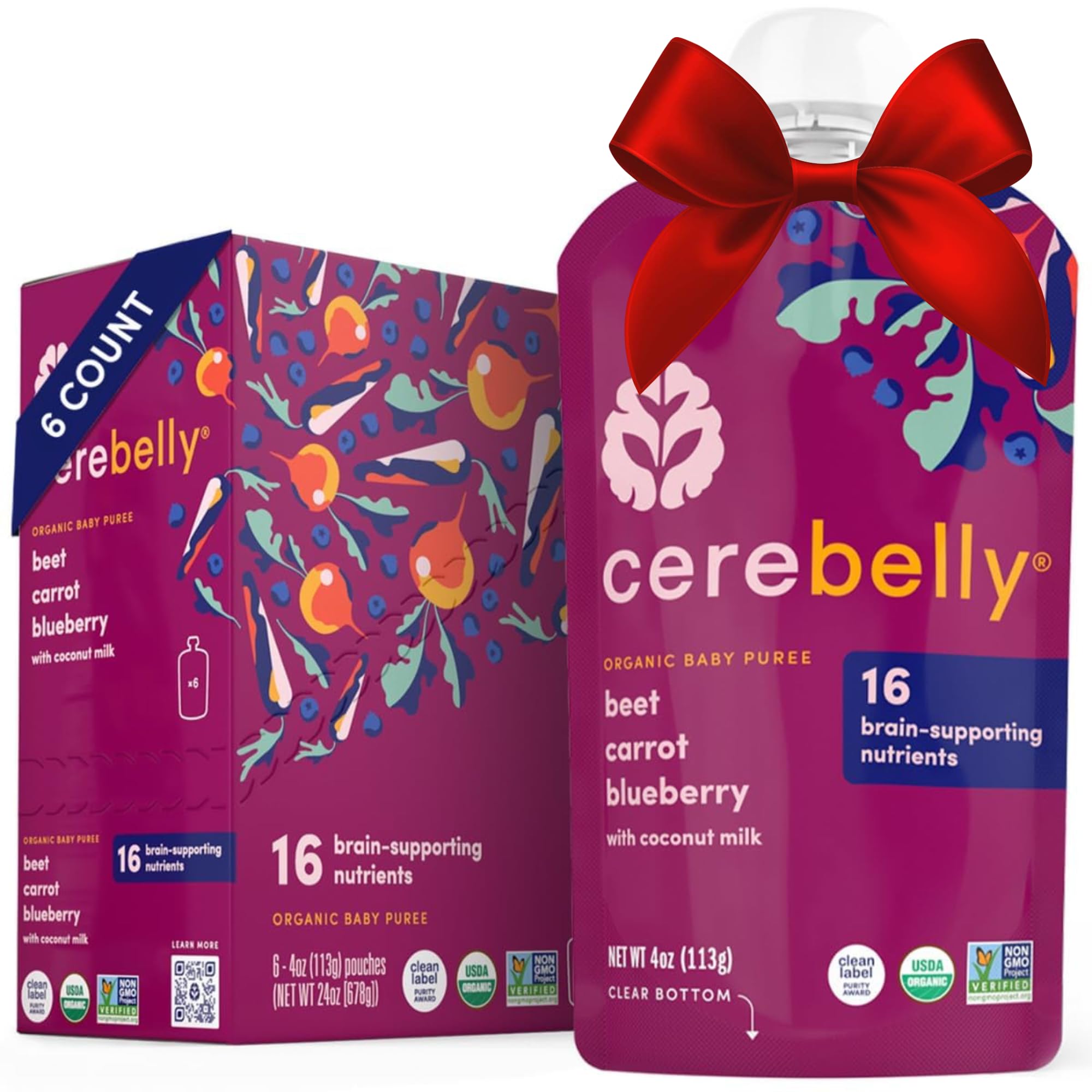 Cerebelly Baby Food Pouches – Organic Beet Carrot Blueberry (4 oz, Pack of 6) - Toddler Snacks, 16 Brain-supporting Nutrients, Healthy Snacks, Made with Gluten-Free Ingredients, No Added Sugar