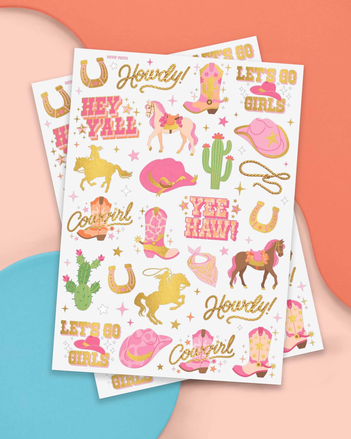 xo, Fetti Cowgirl Temporary Tattoos - 50 Gold Foil Styles | Birthday Party Decorations, Giddy Up Cowgirl Accessory, Rodeo Western Theme Favor, Nashville Gift + Cow Print Supplies, Baby Shower