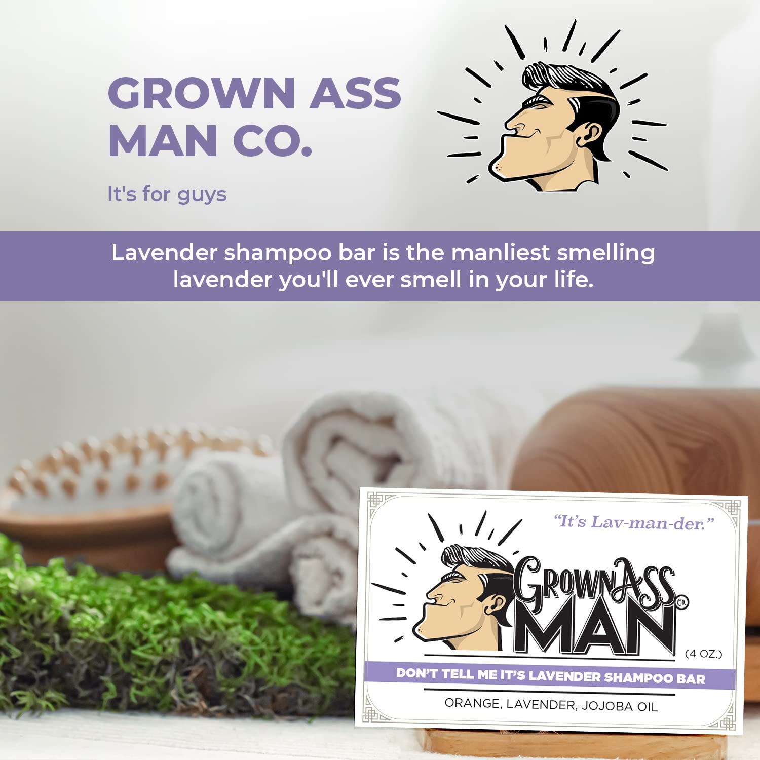 Grown Ass Man Co. - Solid Shampoo Bar Rich Lather 3 in 1: Hair, Beard & Body Wash - Plastic Free & Eco-Friendly, Natural & Organic for All Hair Types, 4oz Bar (Don't Tell Me It's Lavender, 3-Pack)