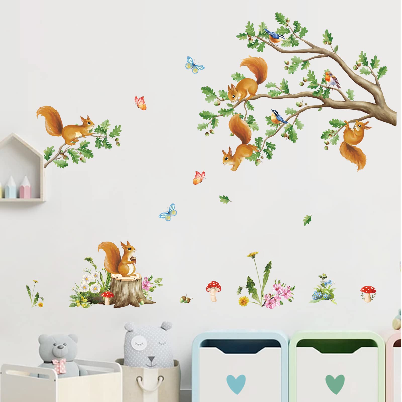 decalmile Woodland Animals Wall Stickers Trees Branches Spring Squirrels Animals Wall Decals Baby Nursery Kids Bedroom Toddler Room Wall Decor