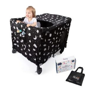 bebey pack n play blackout cover - blocks 97% of light, breathable and stretchy fabric with 1 side pocket, 3 quick-access windows with zippers - blocks light, easy to install, portable, and anti-climb