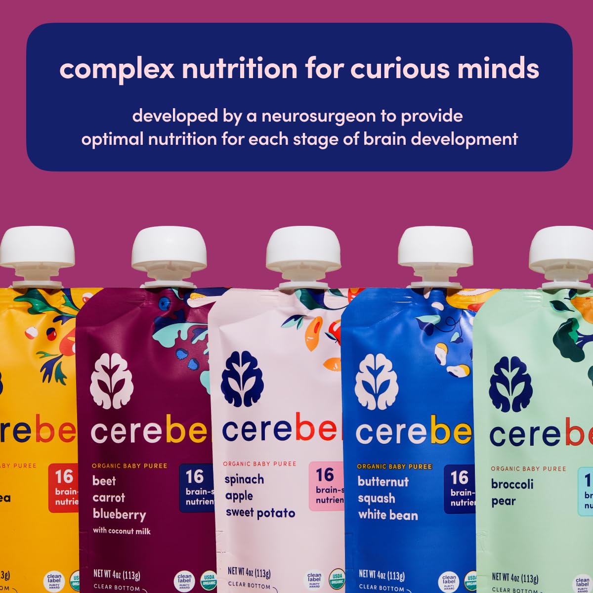 Cerebelly Baby Food Pouches – Organic Beet Carrot Blueberry (4 oz, Pack of 6) - Toddler Snacks, 16 Brain-supporting Nutrients, Healthy Snacks, Made with Gluten-Free Ingredients, No Added Sugar