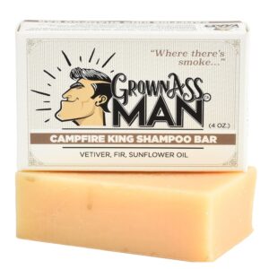 grown ass man co. - solid shampoo bar rich lather 3 in 1: hair, beard & body wash - plastic free & eco-friendly, natural & organic clean for all hair types, 4oz bar (campfire king, single)