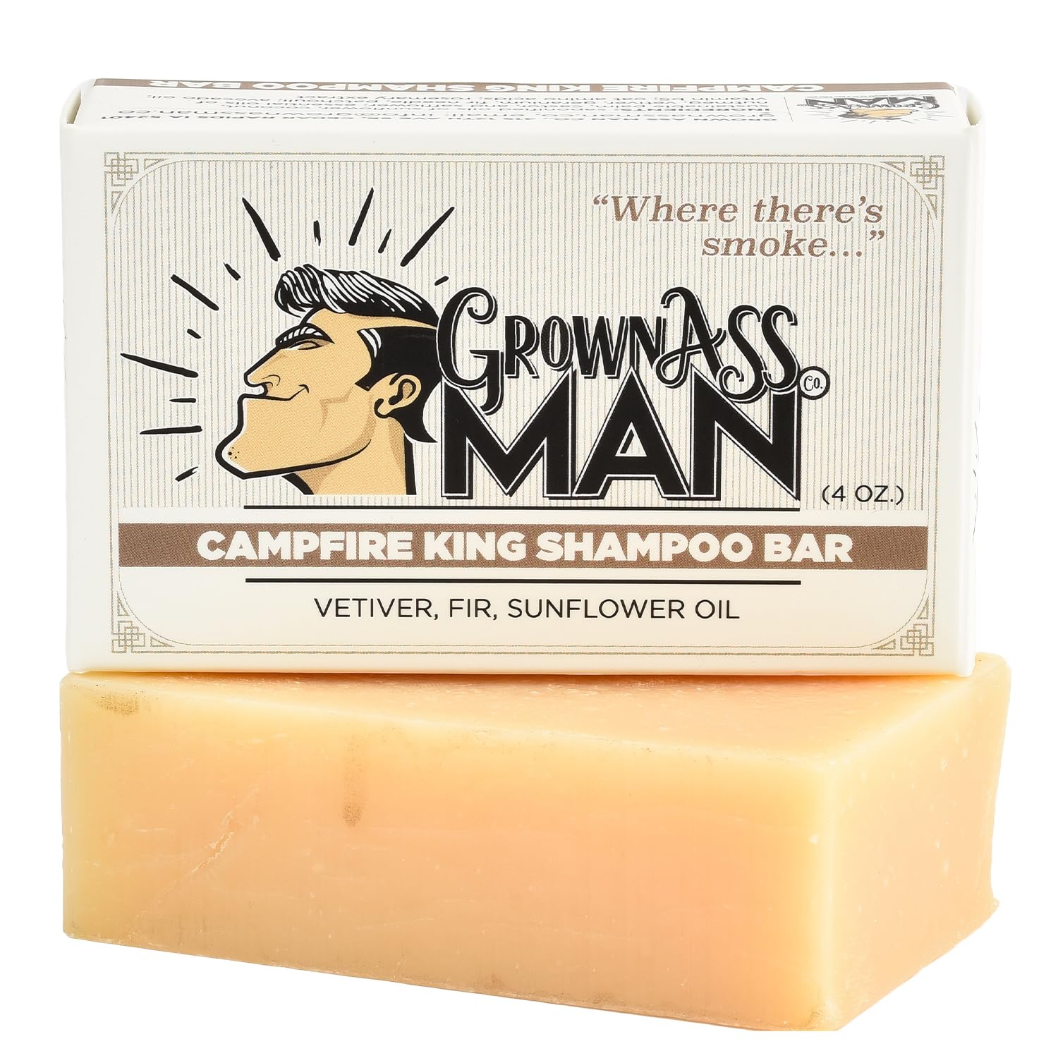 Grown Ass Man Co. - Solid Shampoo Bar Rich Lather 3 in 1: Hair, Beard & Body Wash - Plastic Free & Eco-Friendly, Natural & Organic Clean for All Hair Types, 4oz Bar (Campfire King, Single)