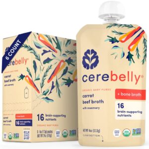 cerebelly organic baby food pouches – 6+ months organic beef bone broth pouches | protein, healthy fats, non-gmo | toddler pouches | 4 ounce bpa-free pouches | carrot beef bone broth | 6 count