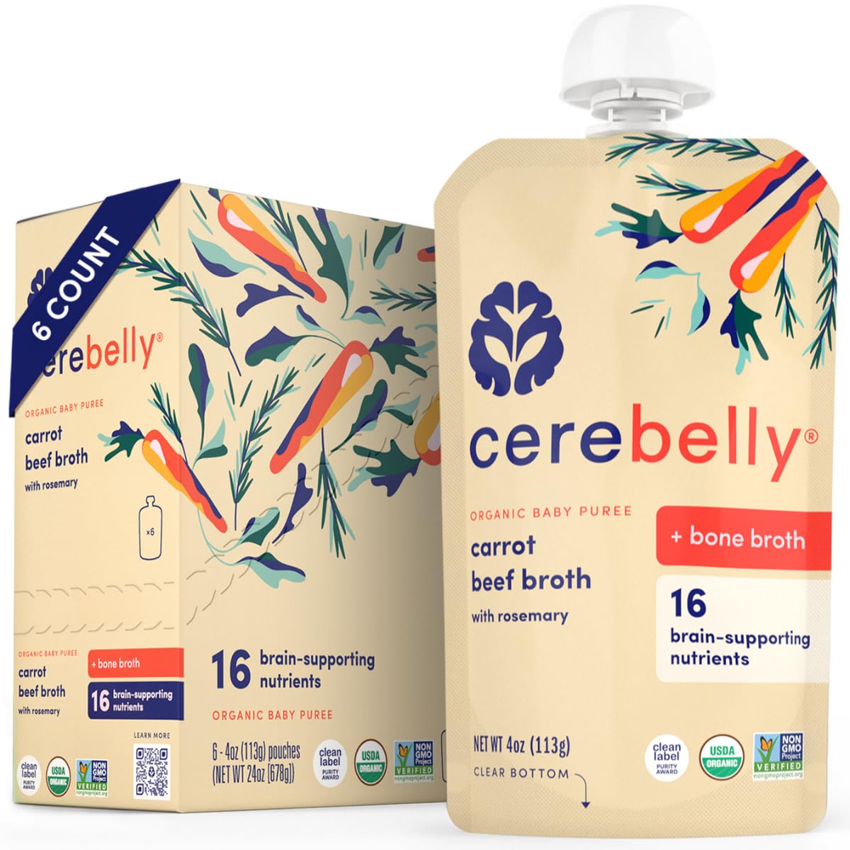 Cerebelly Organic Baby Food Pouches – 6+ Months Organic Beef Bone Broth Pouches | Protein, Healthy Fats, Non-GMO | Toddler Pouches | 4 Ounce BPA-Free Pouches | Carrot Beef Bone Broth | 6 Count